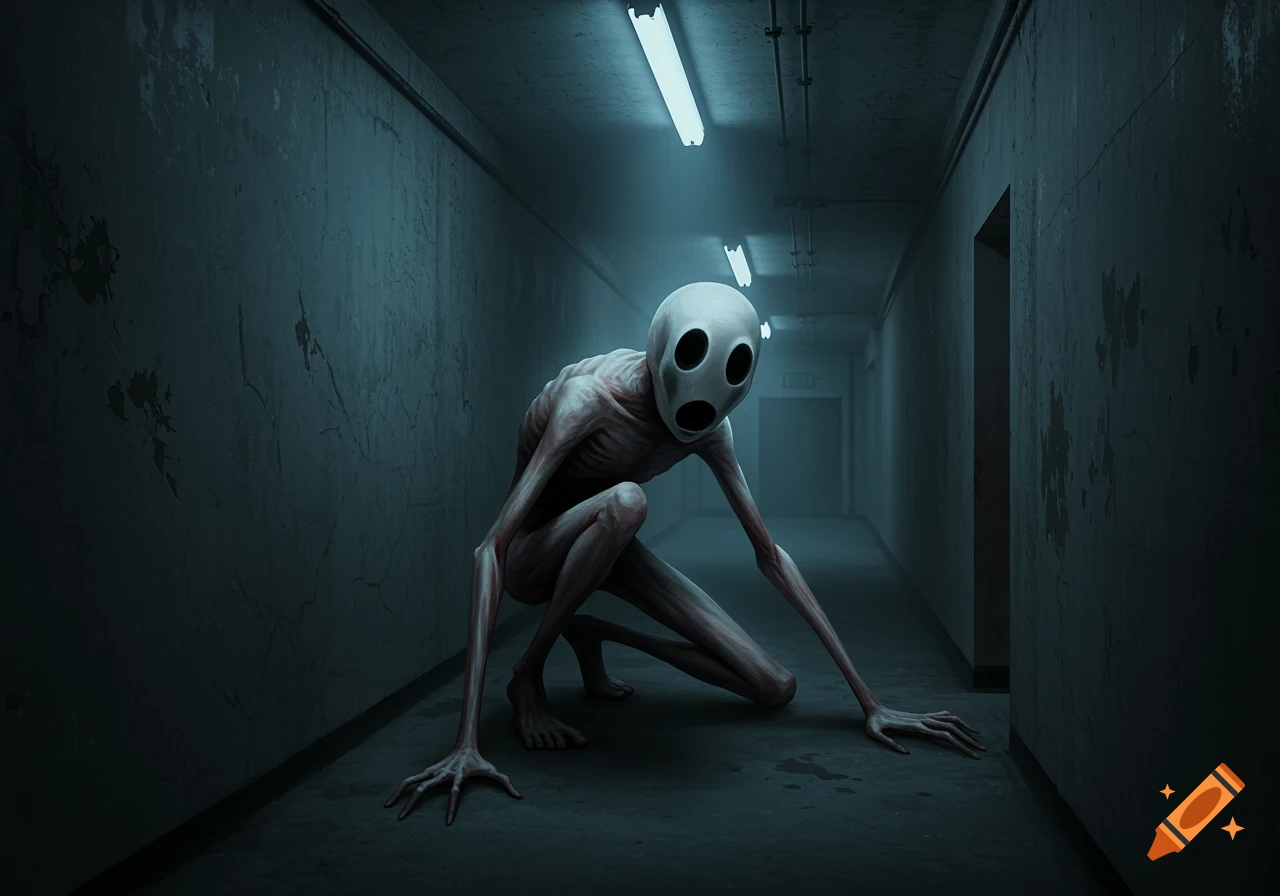 A pale, emaciated humanoid creature with large black eyes and an open mouth crouches in a dark ...