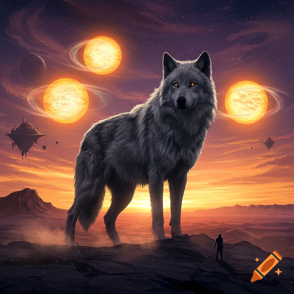Werewolf with white fur and blue eyes on hilltop at sunset with visible ...