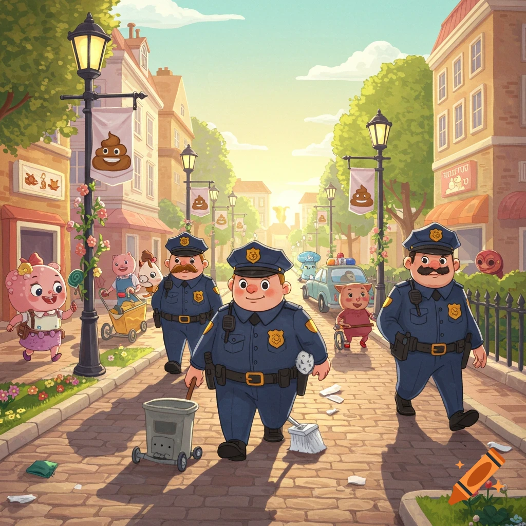 A smiling cartoon police officer in uniform walks while eating a roll ...