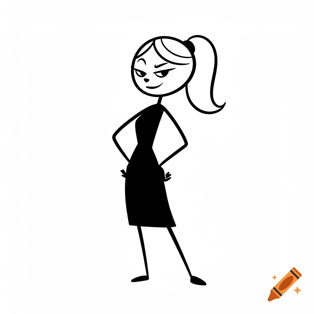 A black stick figure of a woman with a ponytail, wearing a dress, and ...