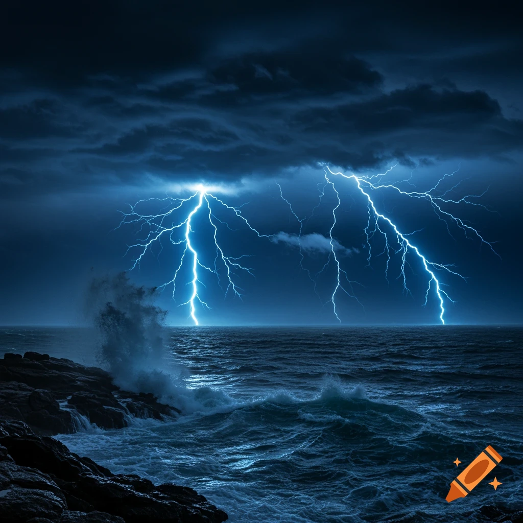 A dramatic scene of a powerful hurricane over a stormy ocean, with ...