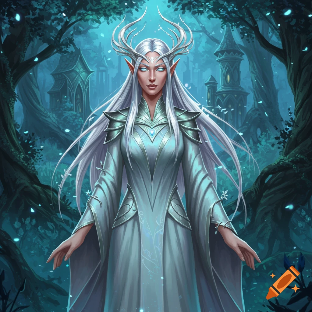 An ethereal elf woman with long white hair and a blue gown stands in a ...