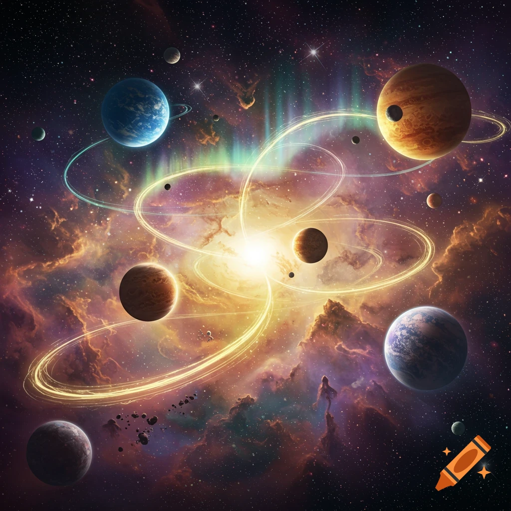 A vibrant cosmic scene with multiple planets orbiting a bright central ...
