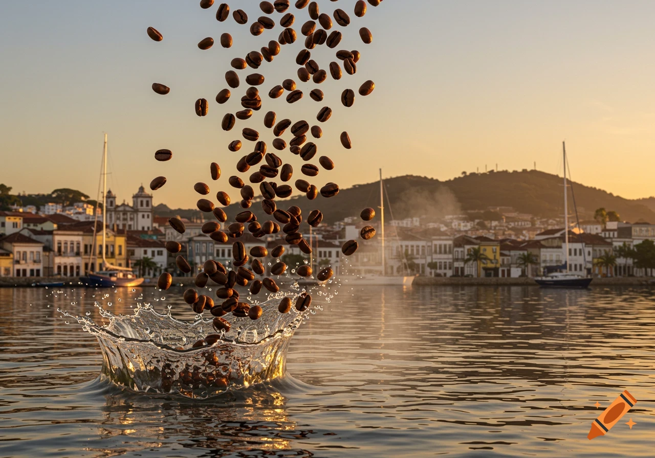 Coffee beans fall into a harbor, creating a splash. A cityscape with ...