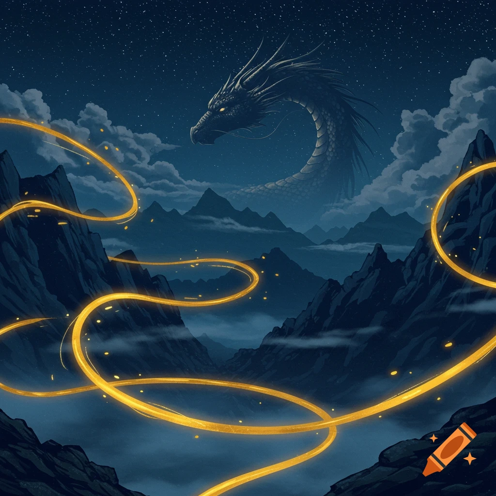 A fantasy illustration of a large dark dragon overlooking a mountain ...