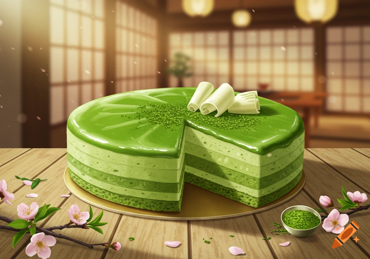 An anime-style image of a green matcha cake with a slice cut out ...