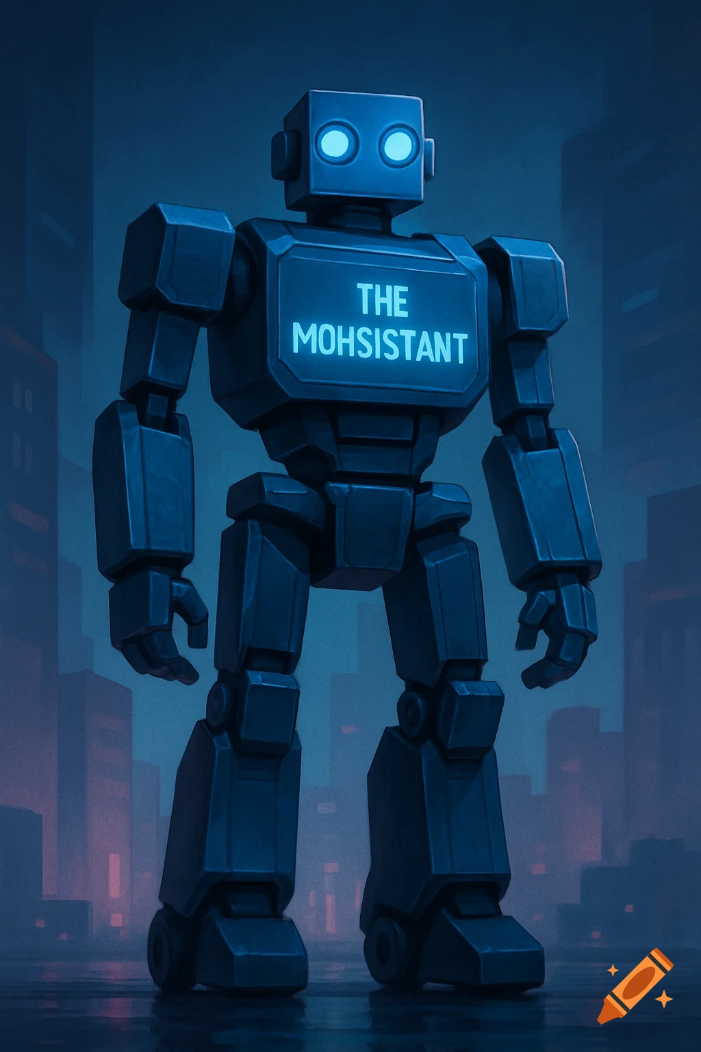 A tall, blue, boxy robot with glowing eyes stands in a futuristic city ...