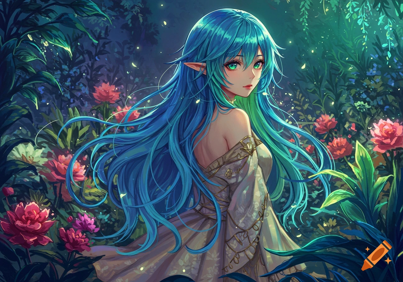 Anime girl with light blue hair and purple dress sitting by a stream in ...