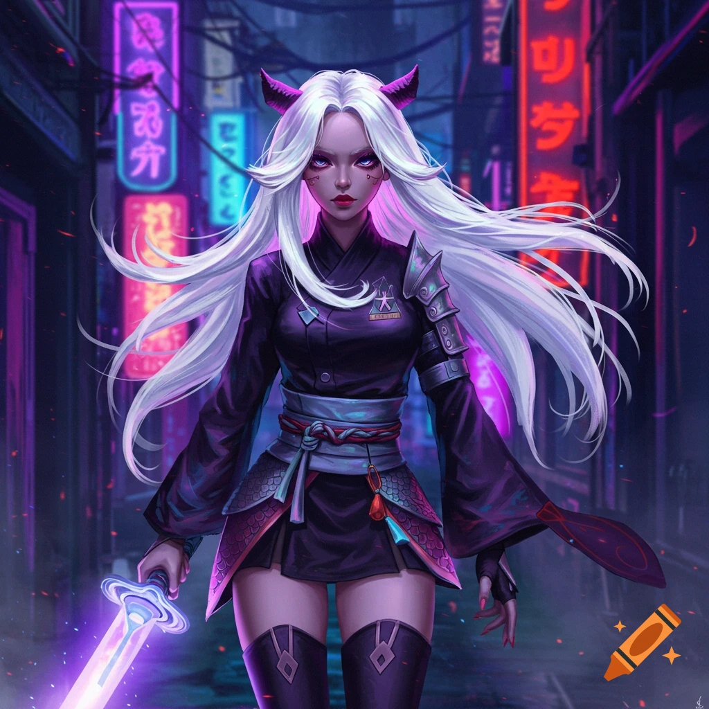 A white-haired demon hunter with horns and a glowing purple sword ...