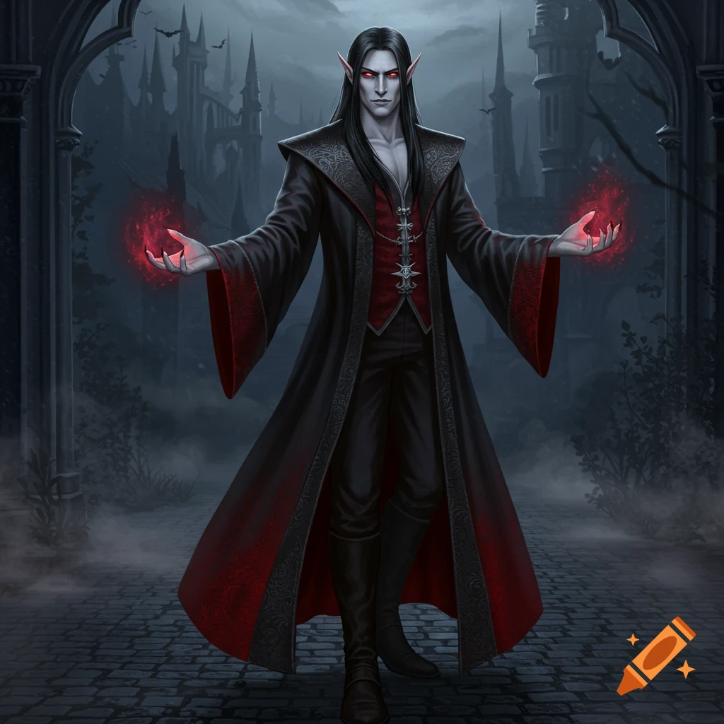 Illustration of a sinister vampire man in red robe on Craiyon