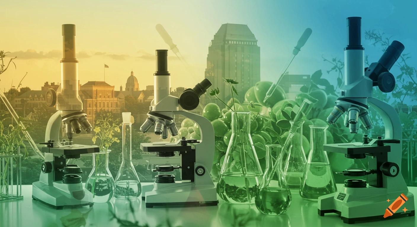 Microscopes and lab equipment with plants and city buildings, blended ...