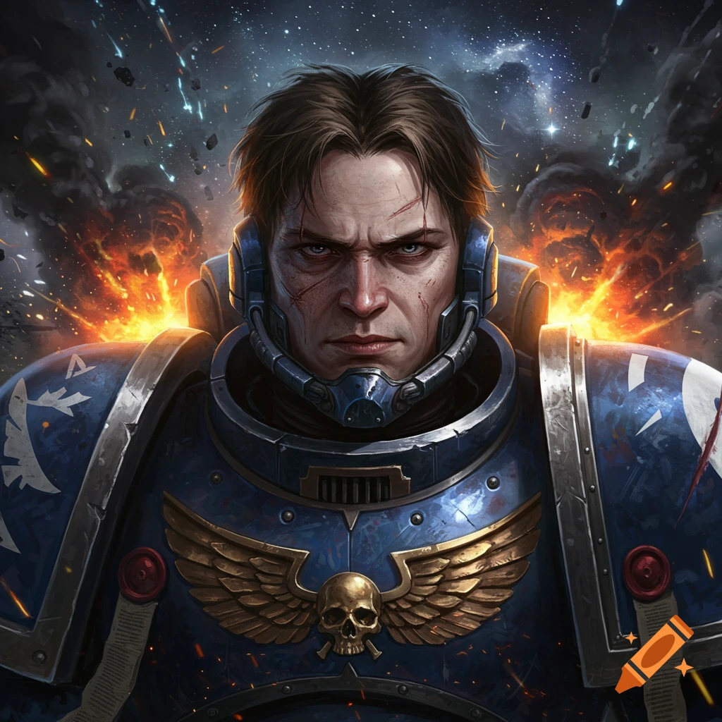 Close-up portrait of a stern male Space Marine in blue power armor with ...