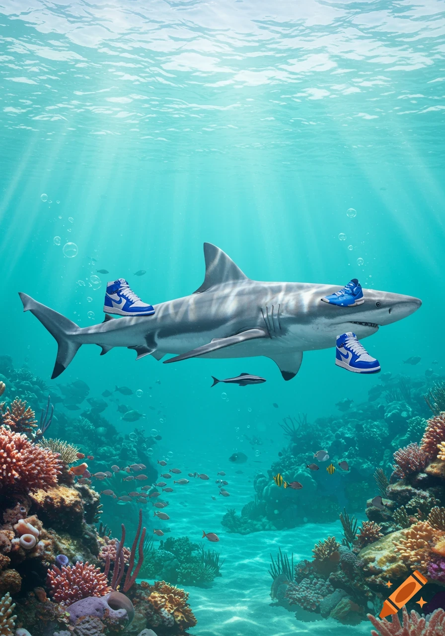 A blue Nike sneaker strapped to the back of a great white shark ...