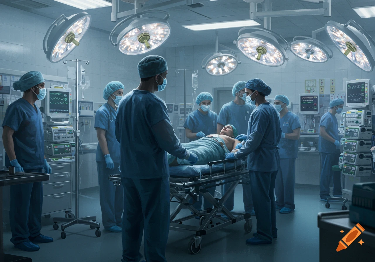 Smiling nurses and a male patient in a bright hospital room with ...