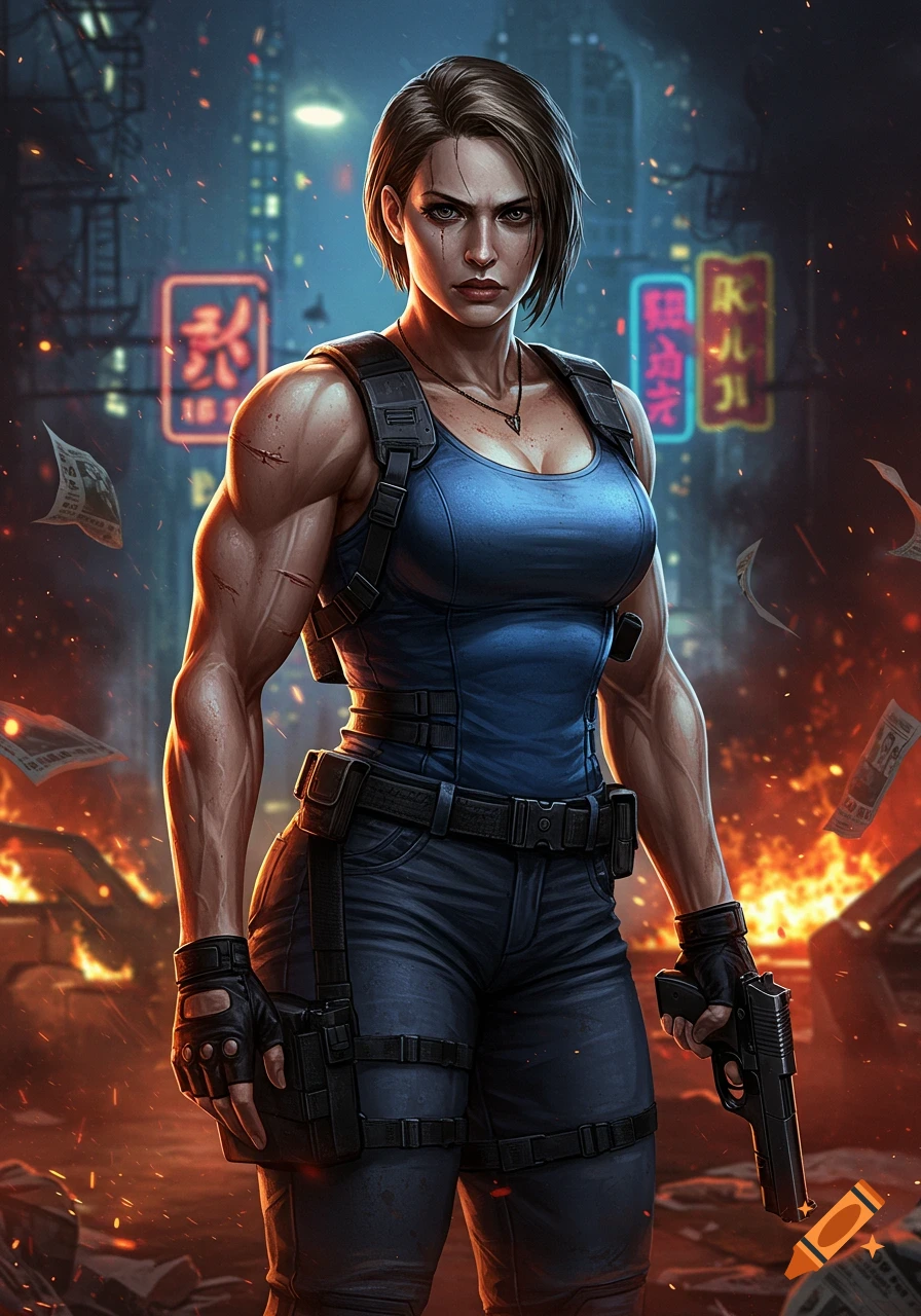 Muscular Jill Valentine stands holding a pistol in a destroyed, fiery ...
