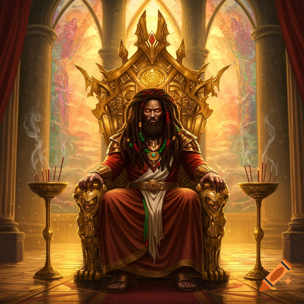 A photorealistic portrait of a Black king in royal red and gold robes ...
