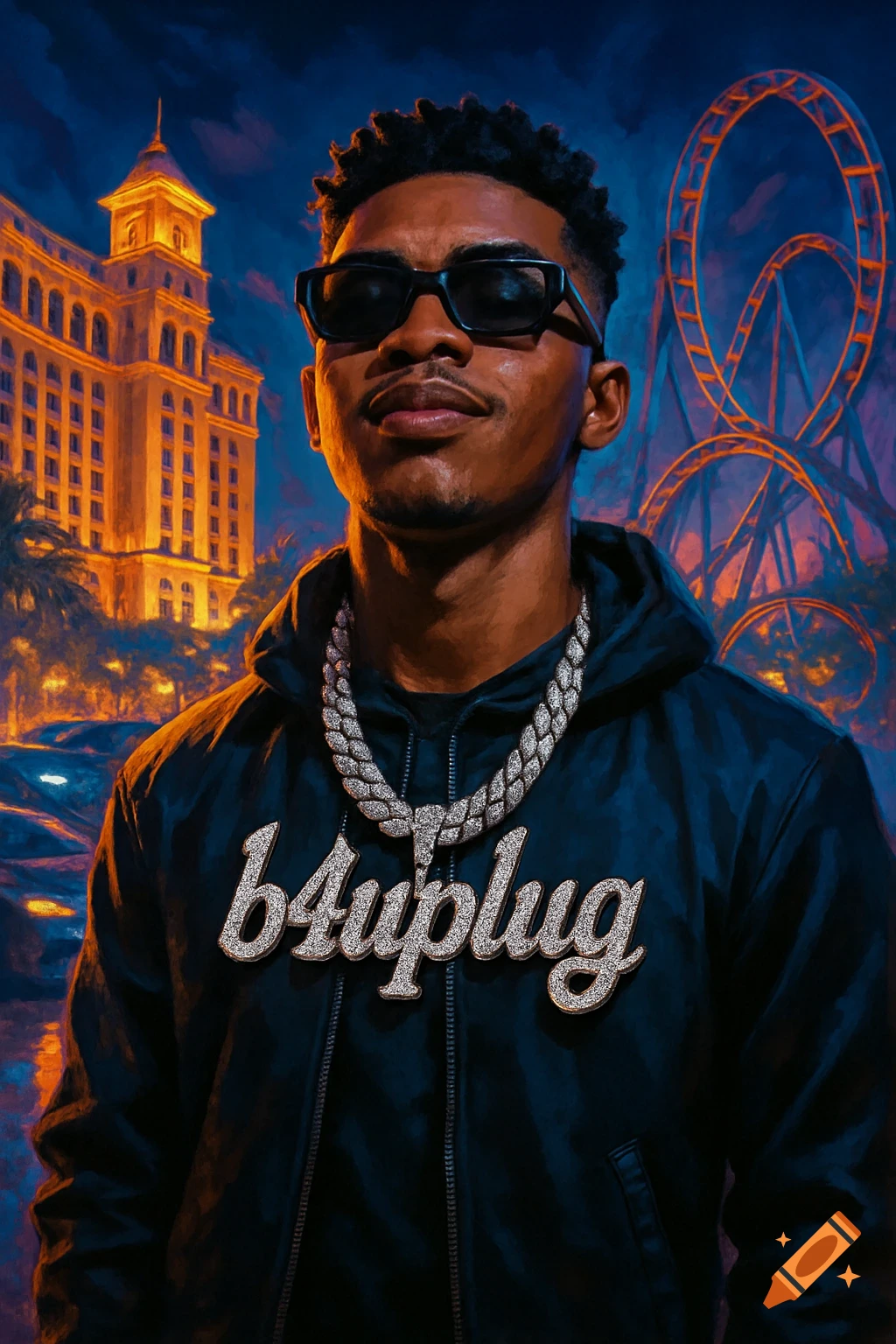 Digital painting of a man in sunglasses, hoodie, and diamond "b4uplug ...