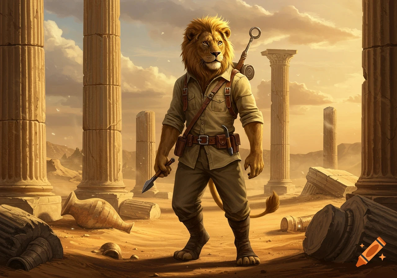 A buff anthropomorphic lion in a blue wrestling singlet, glowing eyes ...