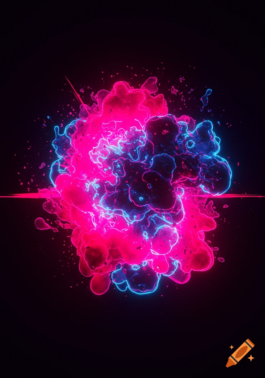 Abstract burst of glowing pink and teal particles on a dark background ...