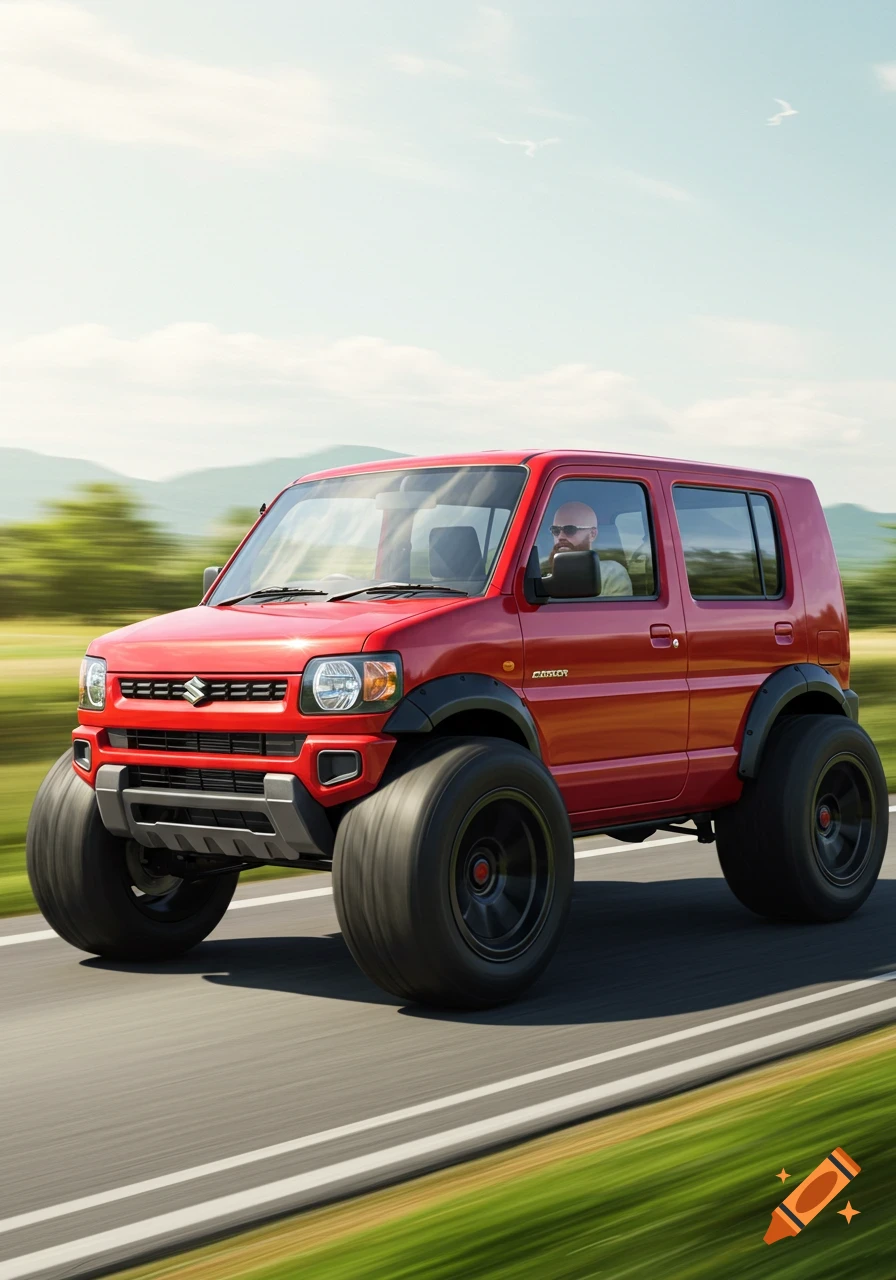 A red Suzuki SUV with large, fat tires and black rims is driven by a ...