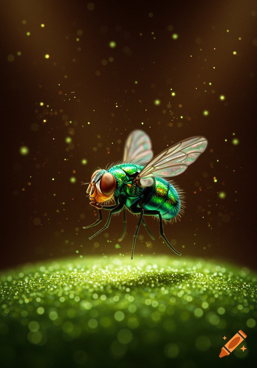 A vivid green iridescent fly hovers over a shimmering green surface ...