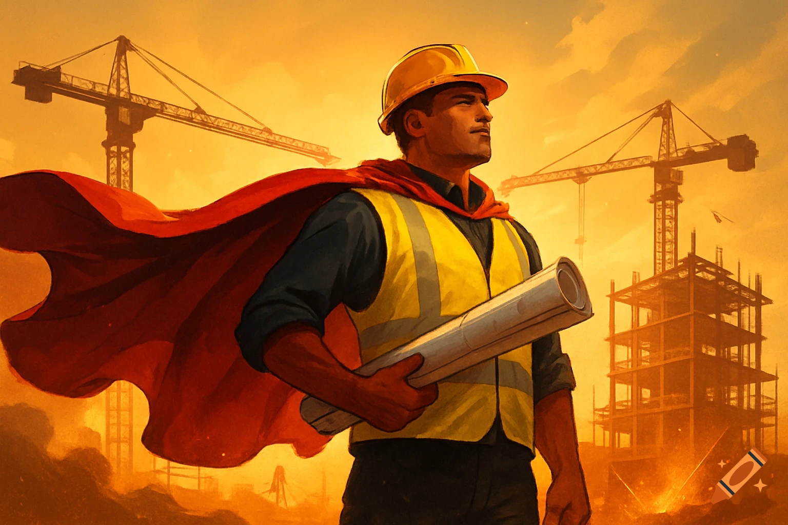 A male engineer in a hard hat and high-visibility vest holds a tape ...