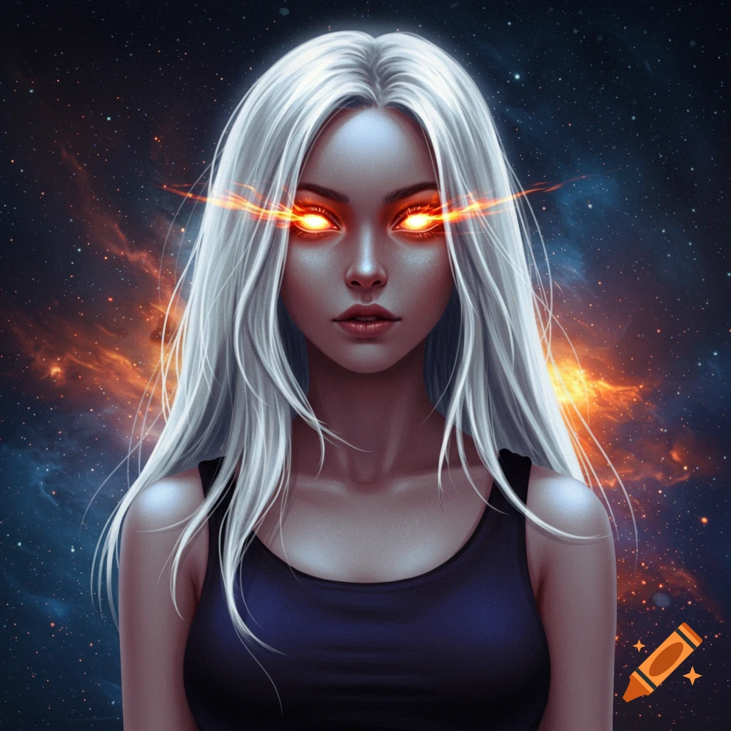 A stylized woman with white crystalline hair, a pink forehead gem, and ...