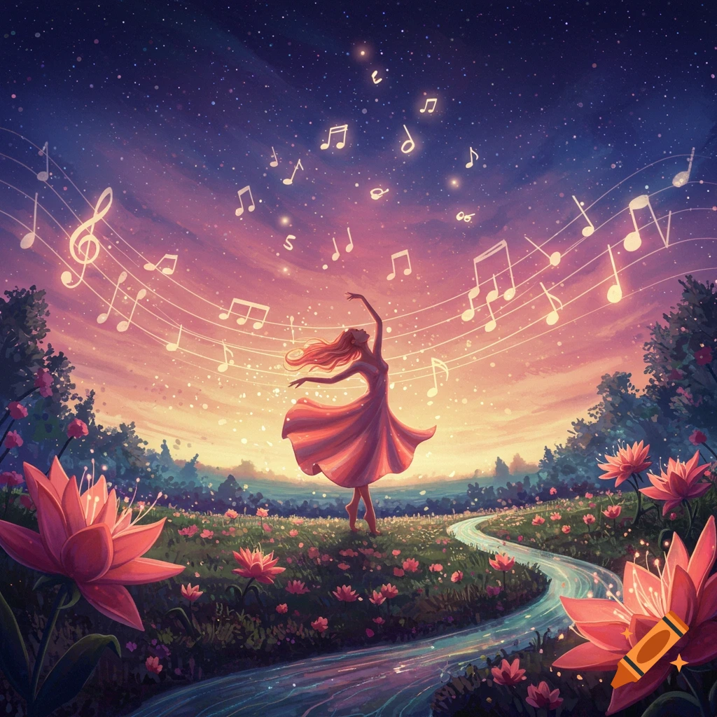 A woman dances in a flower field under a starry, twilight sky with ...