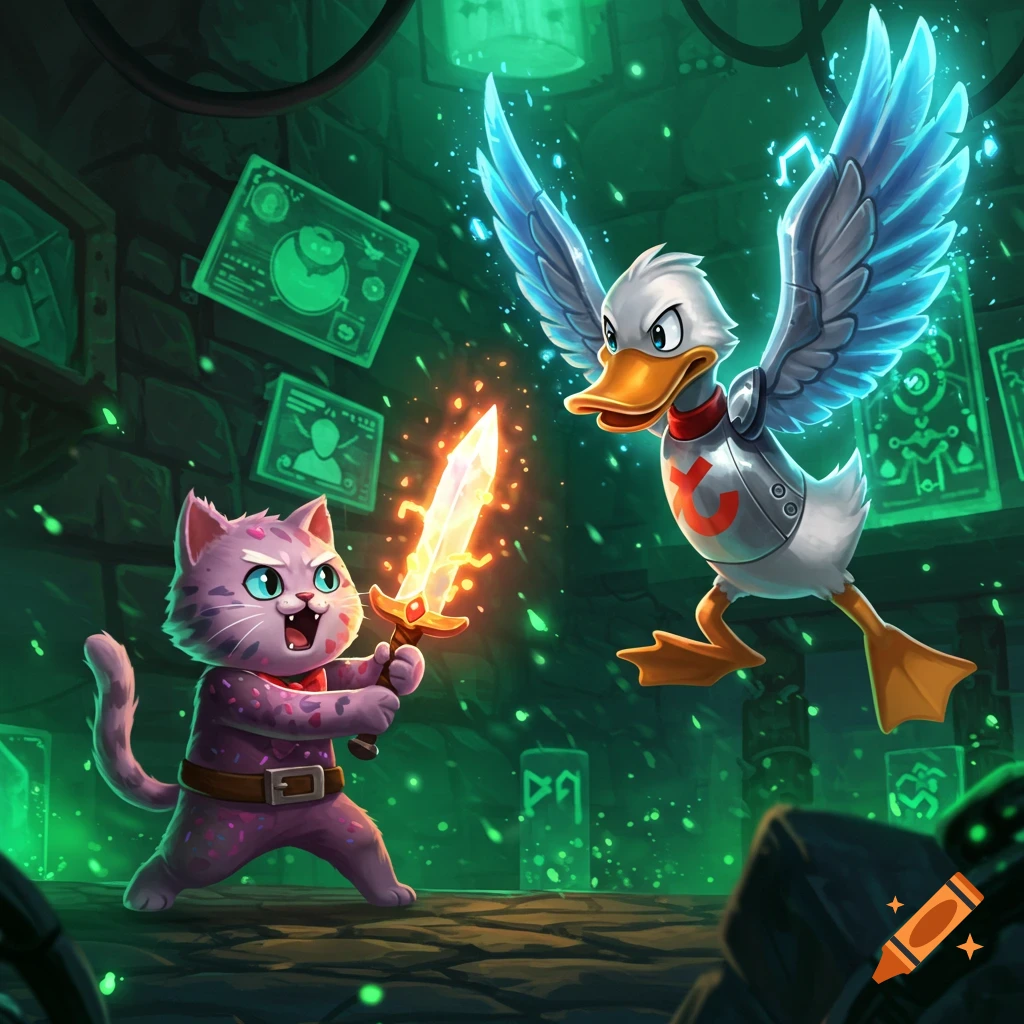 A cartoon cat with a glowing sword fights a winged duck in armor within ...