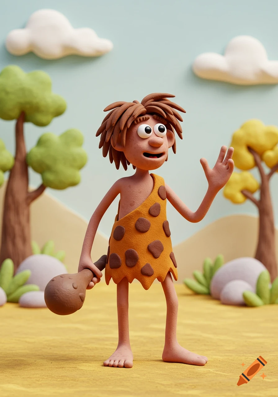 A claymation cartoon caveman holding a club and waving in a primitive ...