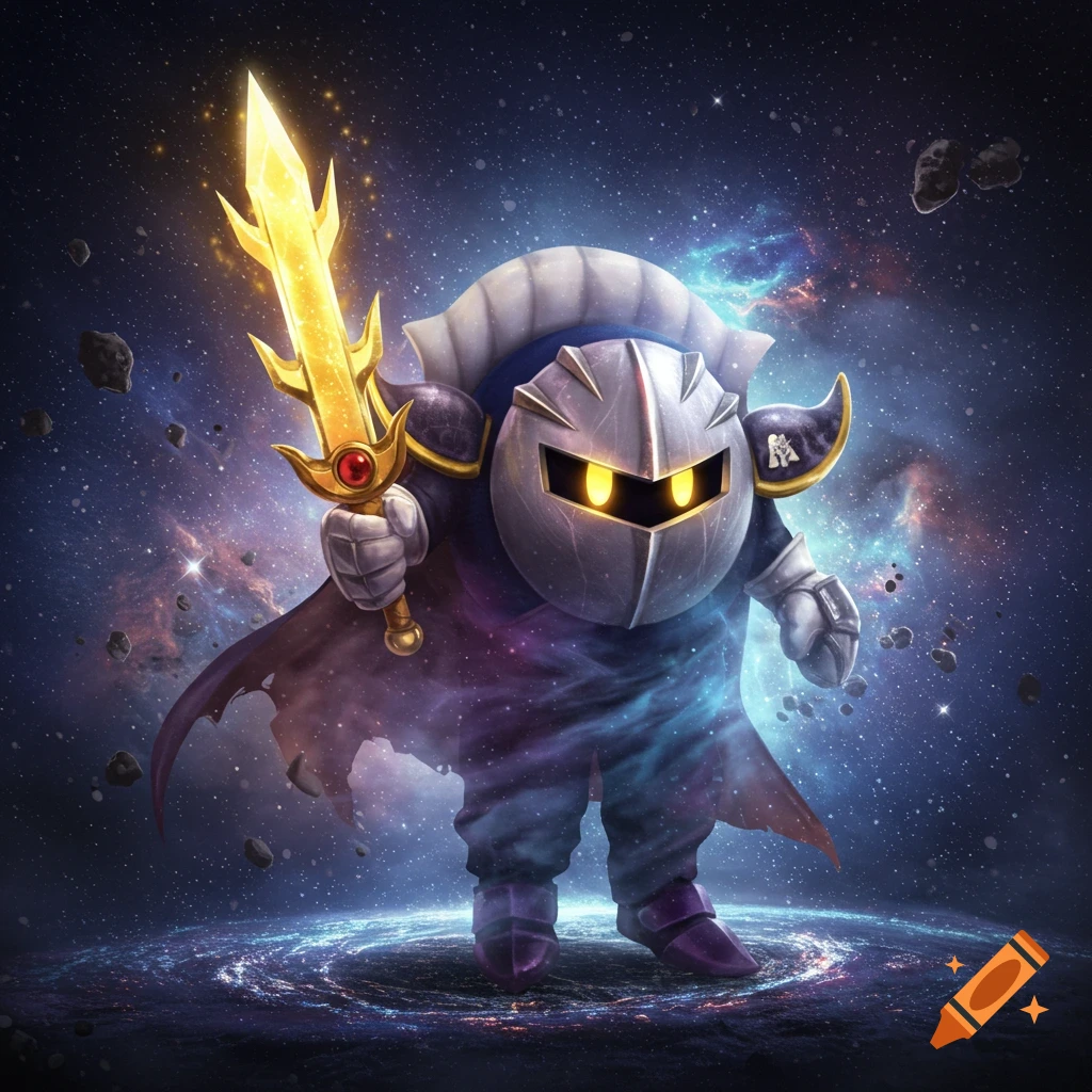 Realistic Meta Knight in armor holding his sword Galaxia in a vibrant ...