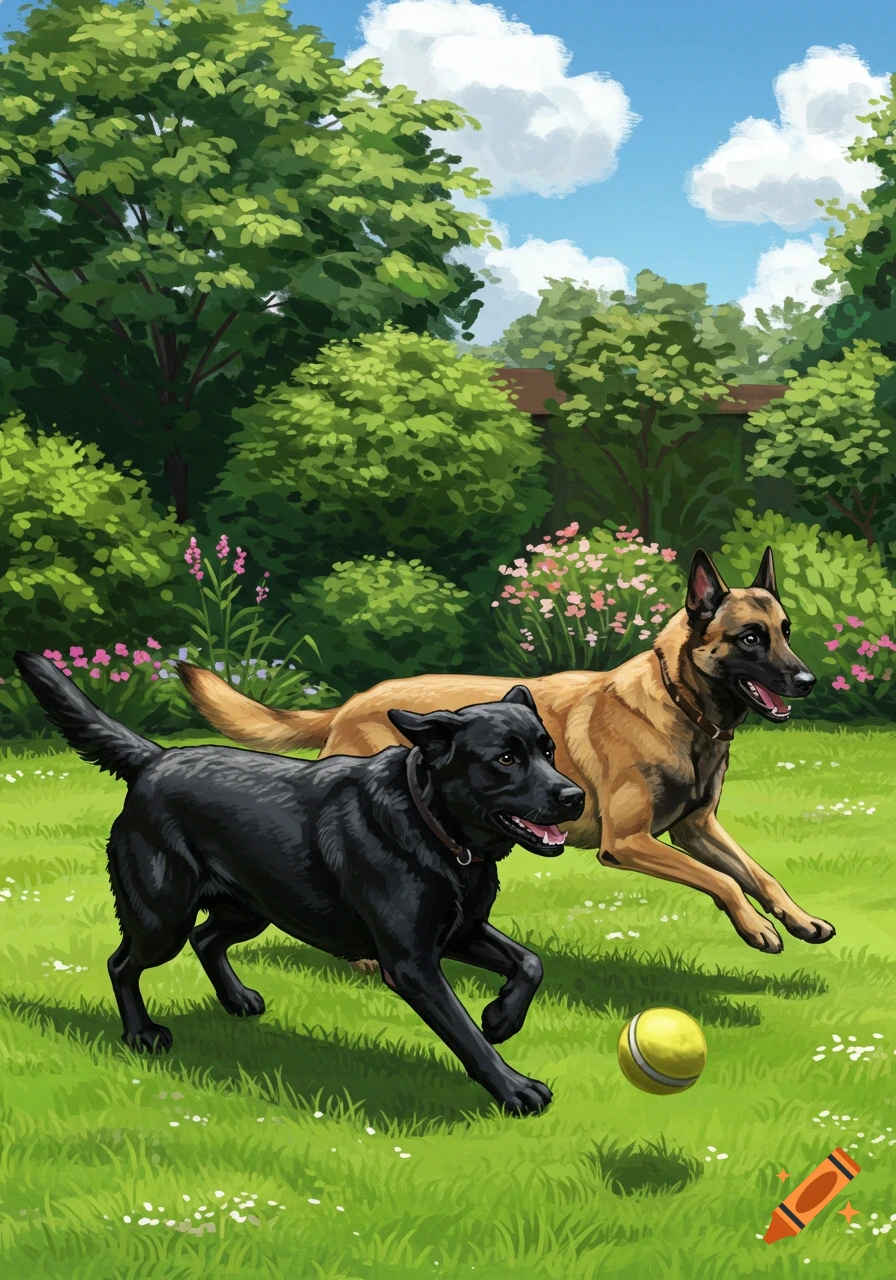 A black Labrador and a tan Belgian Malinois running through a green ...