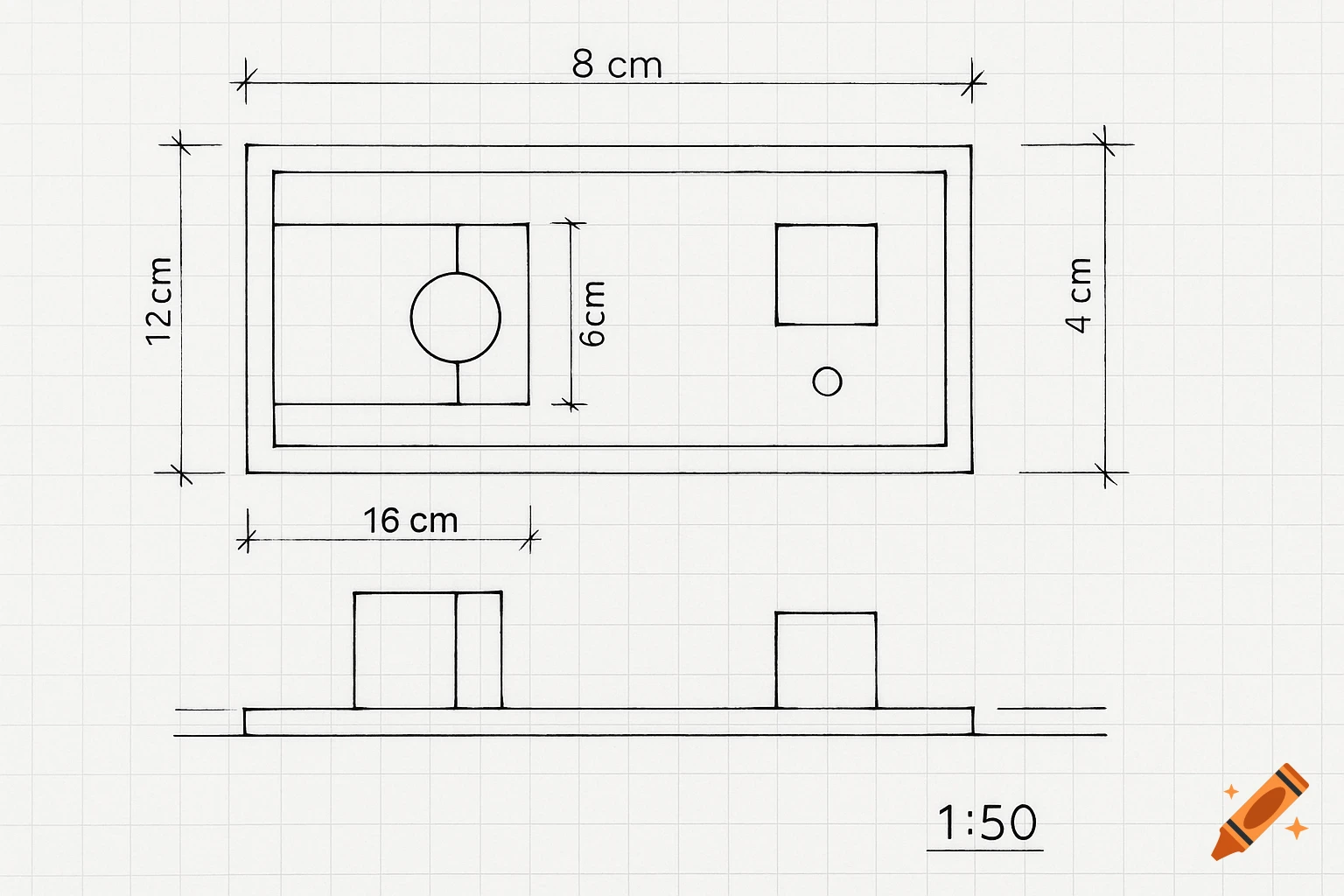 A technical drawing on grid paper showing the top and side views of a ...