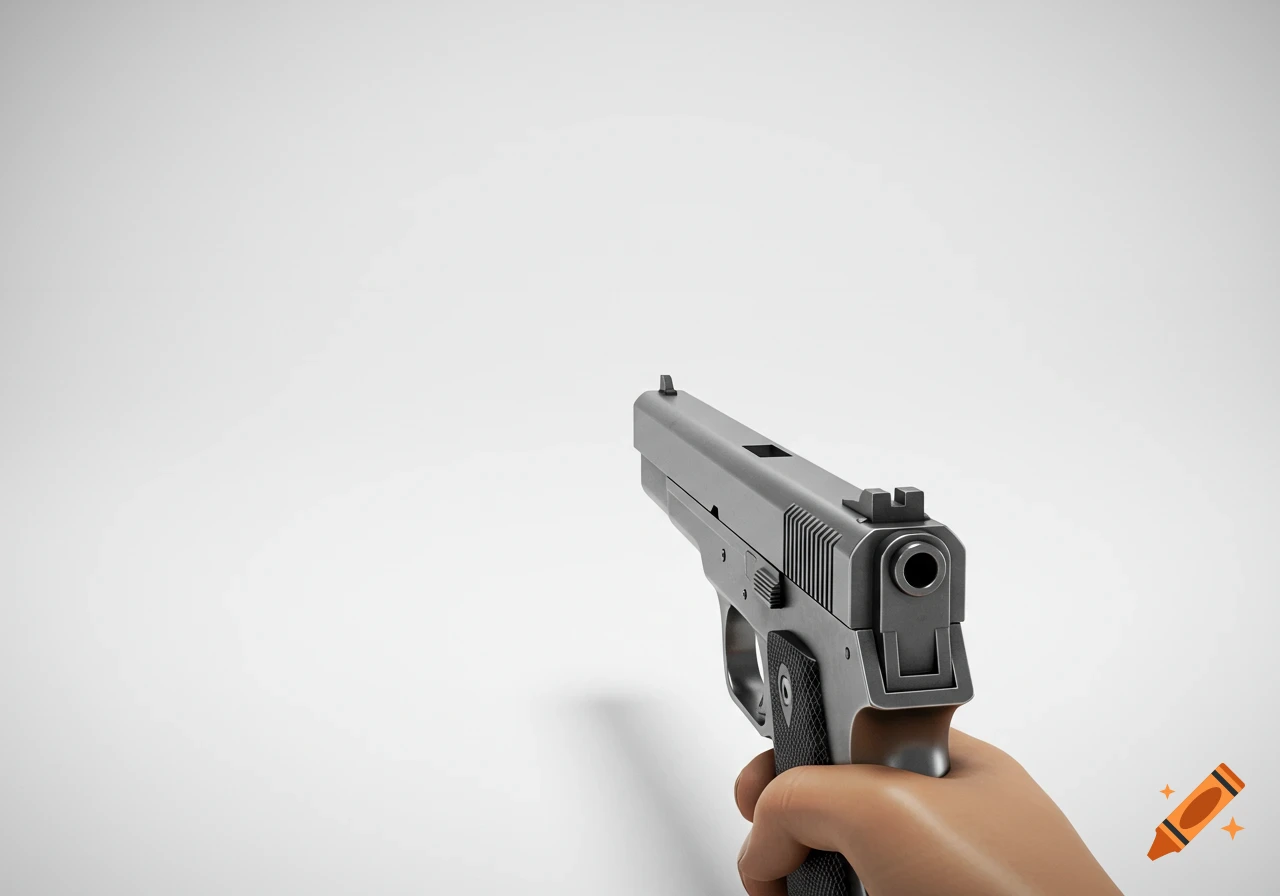 First-person view of a hand holding a gray pistol against a white ...