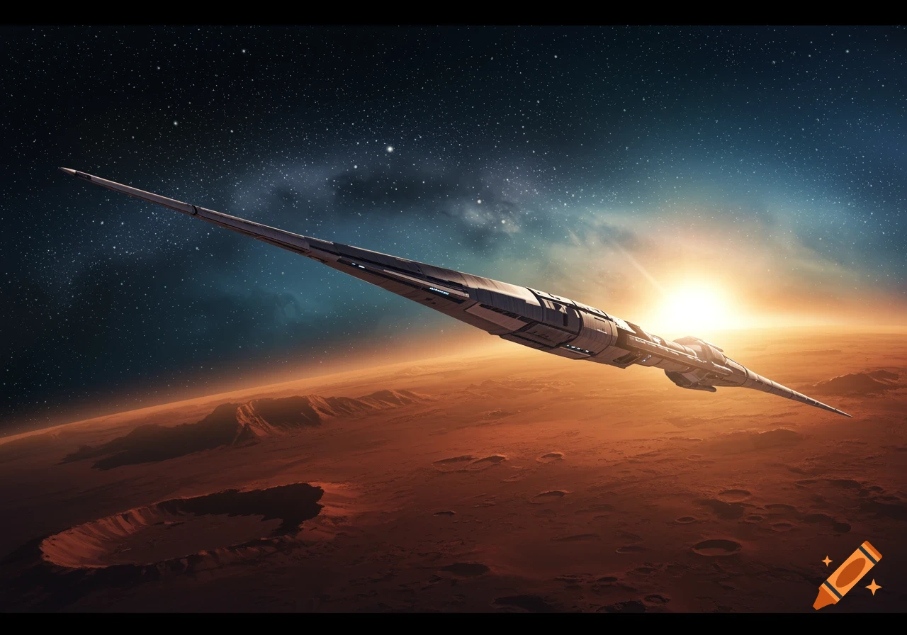 A detailed stone spaceship floats in the vastness of space, with ...