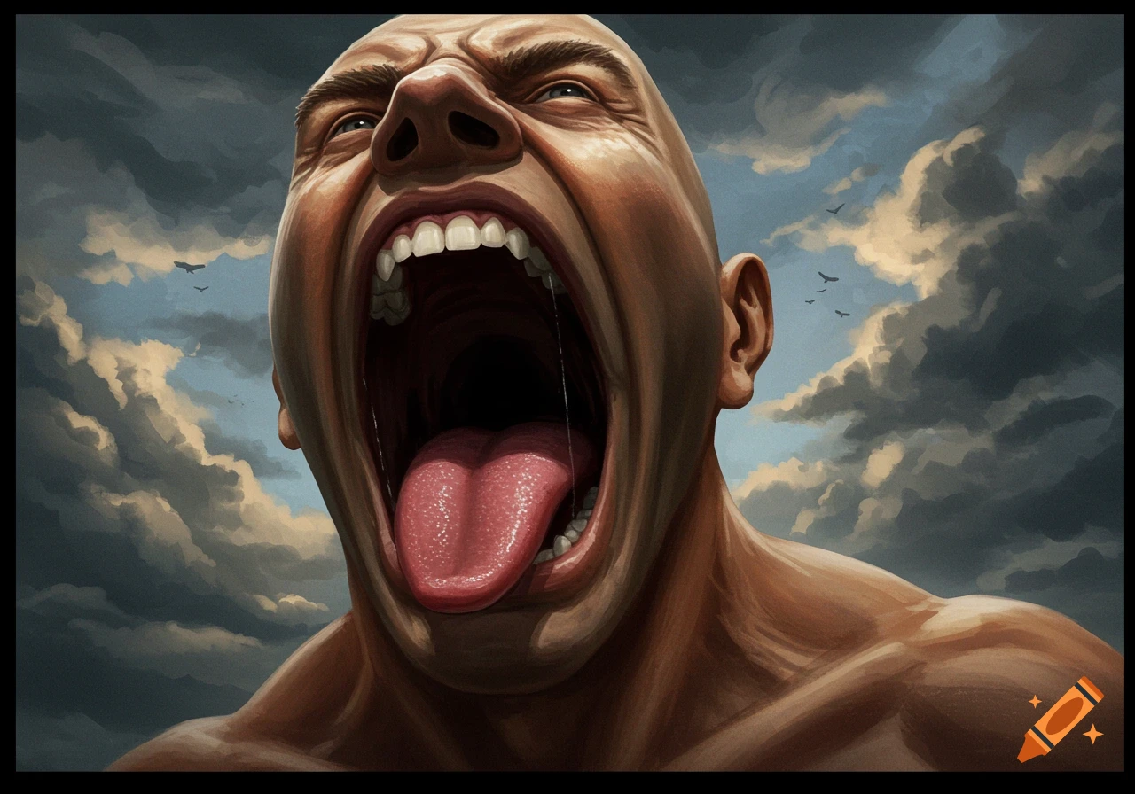 A close-up digital painting of a man screaming with his mouth wide open ...