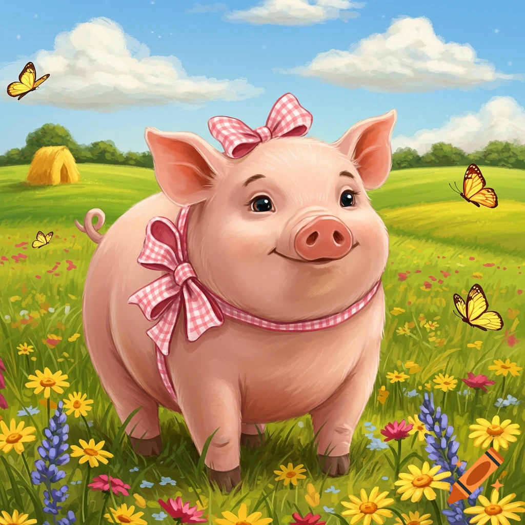 A smiling cartoon pig wearing a straw hat stands in a field of daisies ...