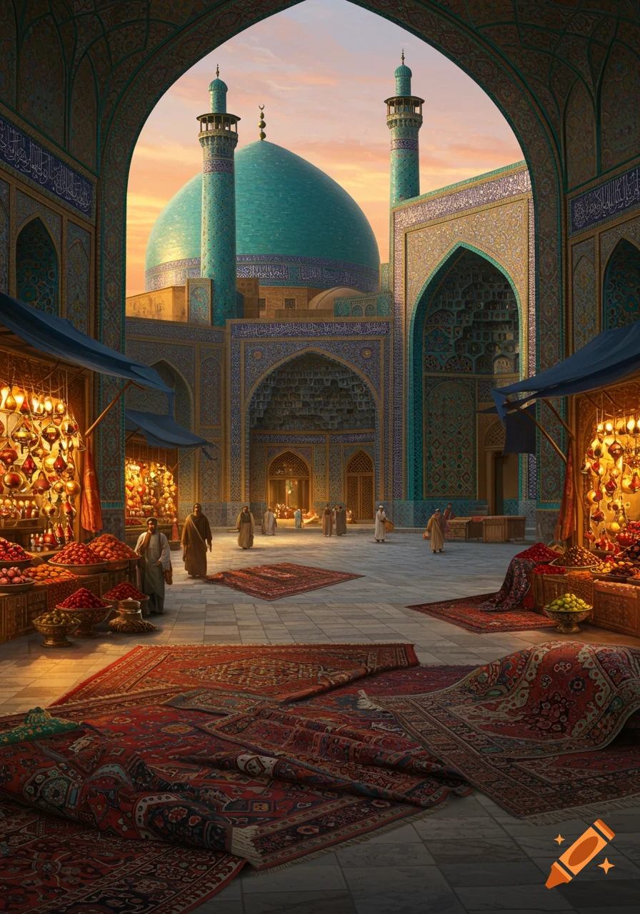 A serene Persian courtyard with intricate tiled architecture, a ...