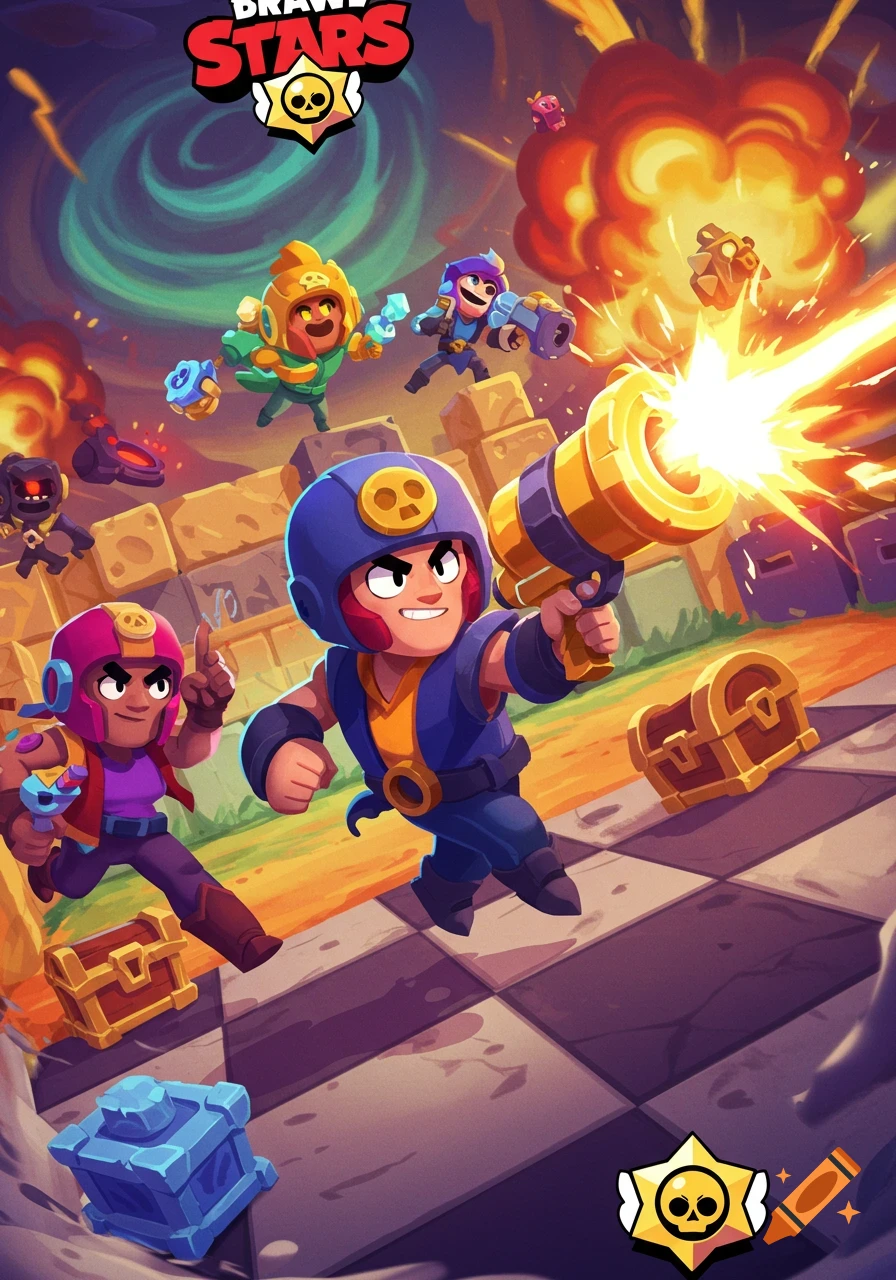 Four colorful animated Brawl Stars characters battle in a vibrant ...