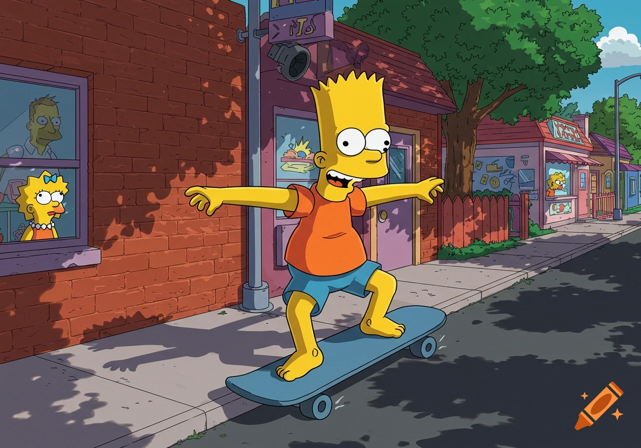 Bart Simpson with a Squirtle shell and tail on a skateboard, splashing water in a sunny skate ...