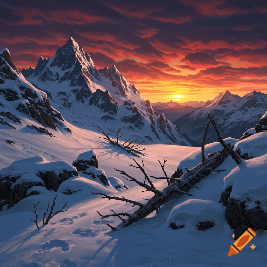 A dramatic landscape painting of snow-covered mountains under a fiery ...