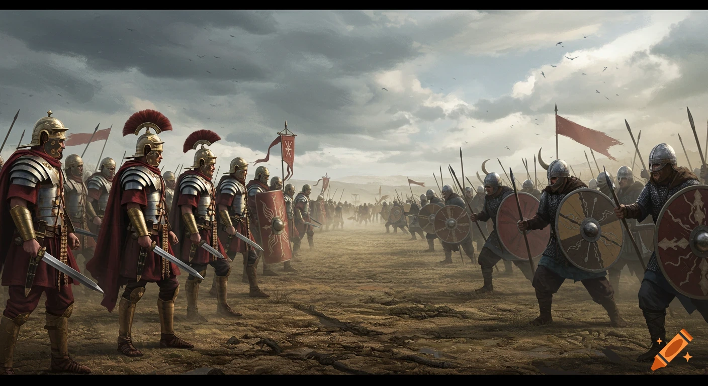 Two ancient armies with spears and shields face each other on a dusty ...