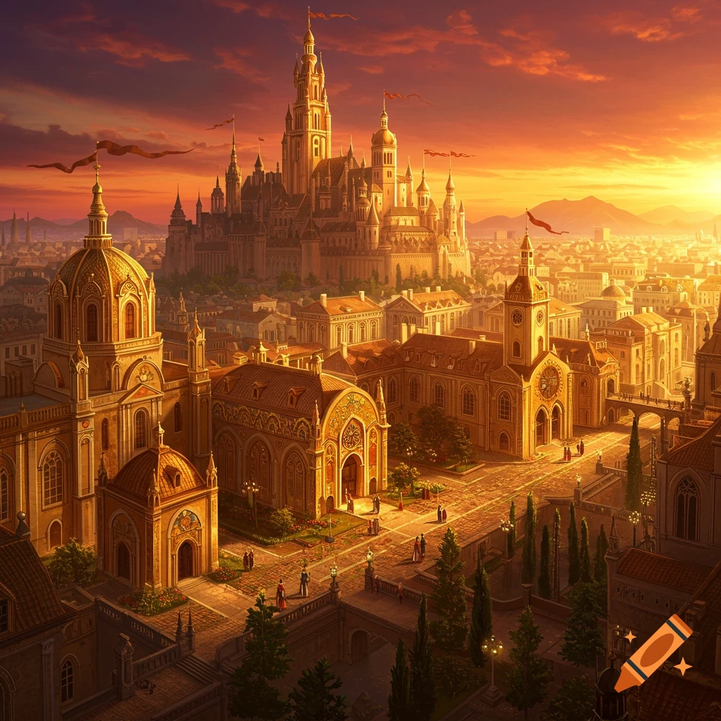 A detailed medieval fantasy city at sunset, featuring a grand domed ...