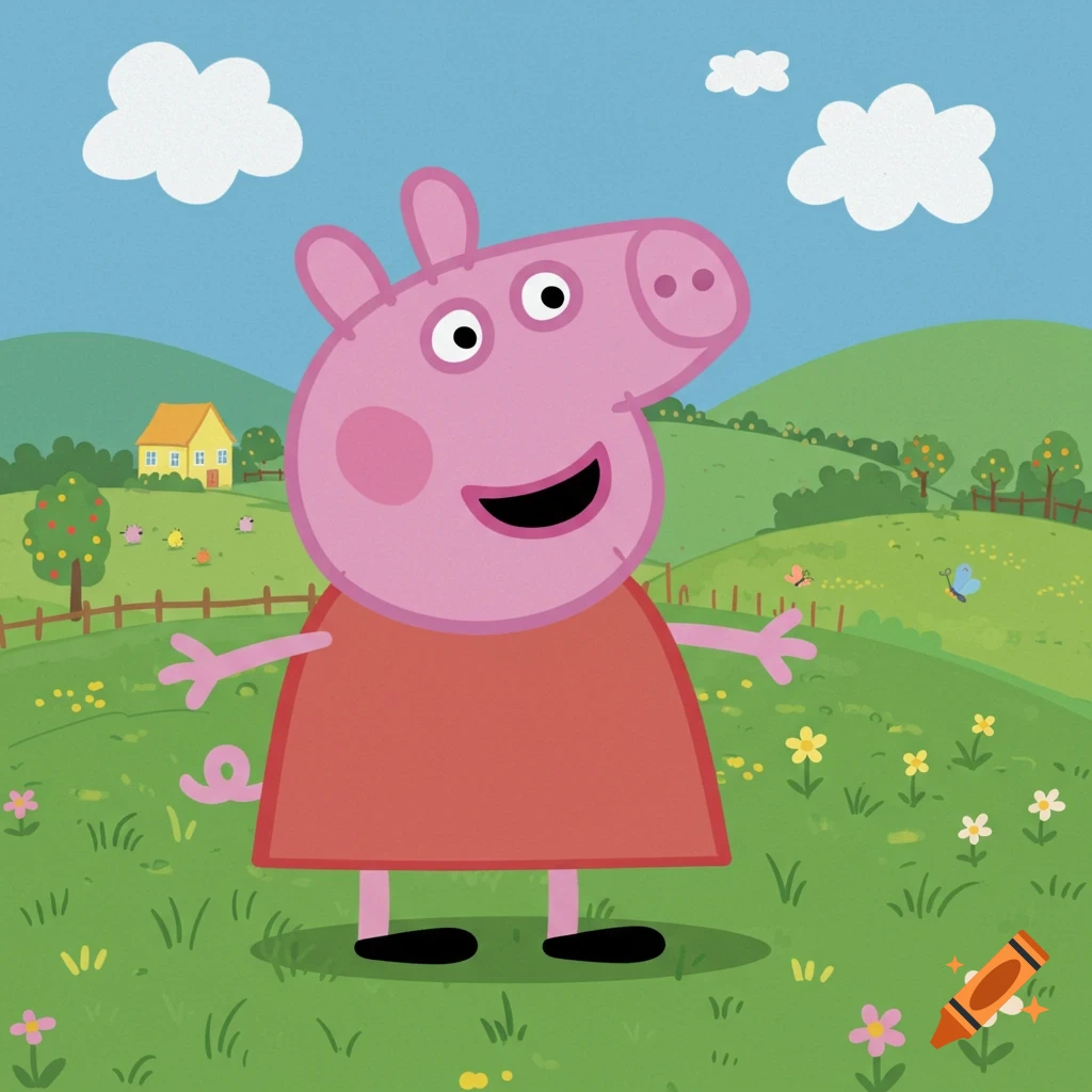 A cartoon Peppa Pig with a small head stands in a green field with ...
