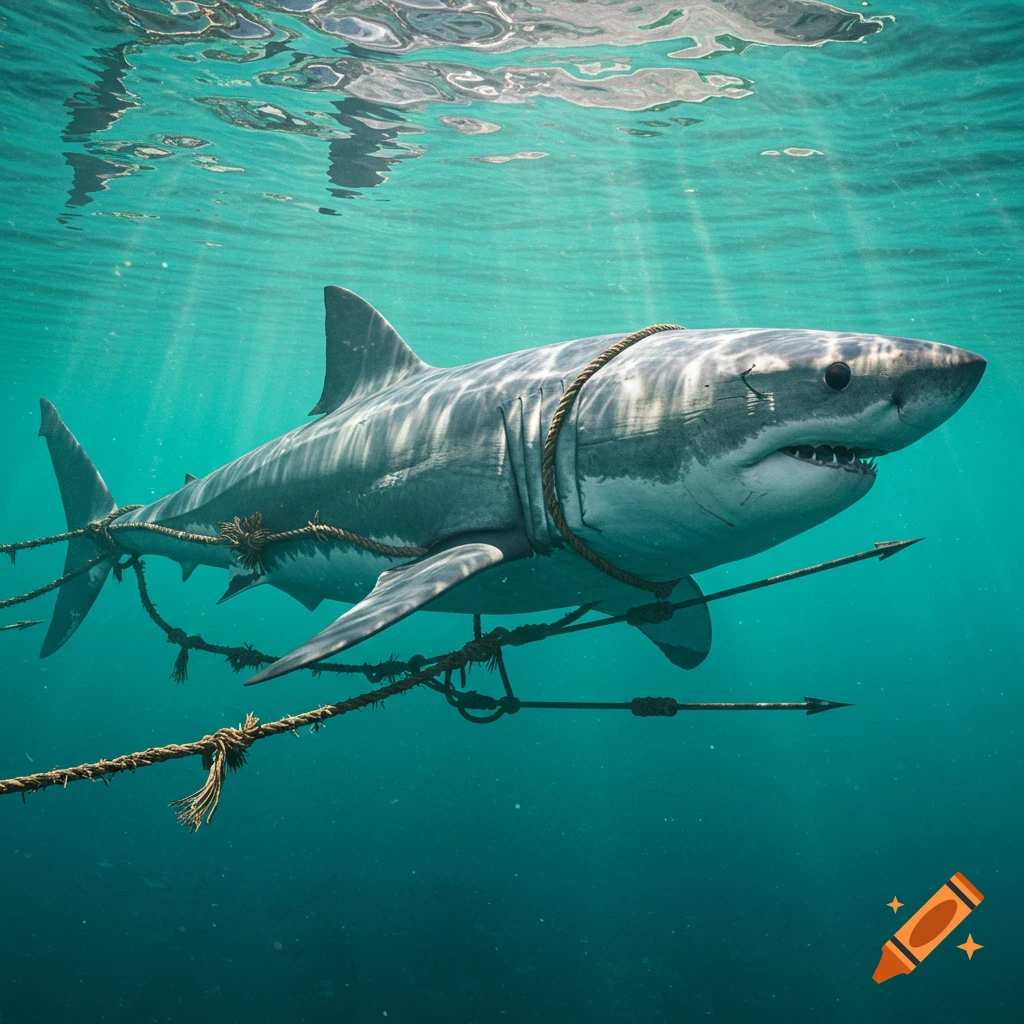 A realistic underwater view of a great white shark tangled in ropes with harpoons floating below ...