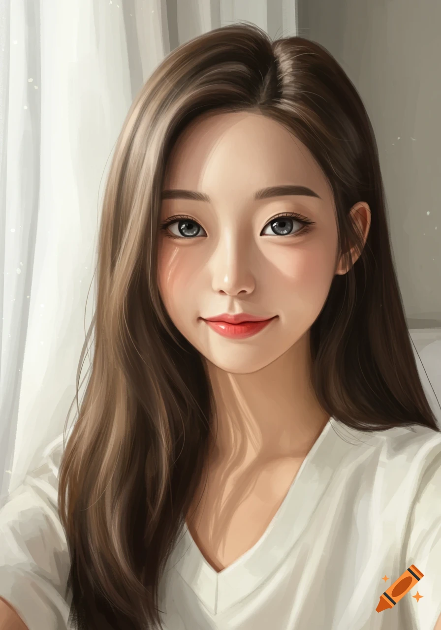 A stunning digital art portrait of a woman with long, wavy brown hair ...