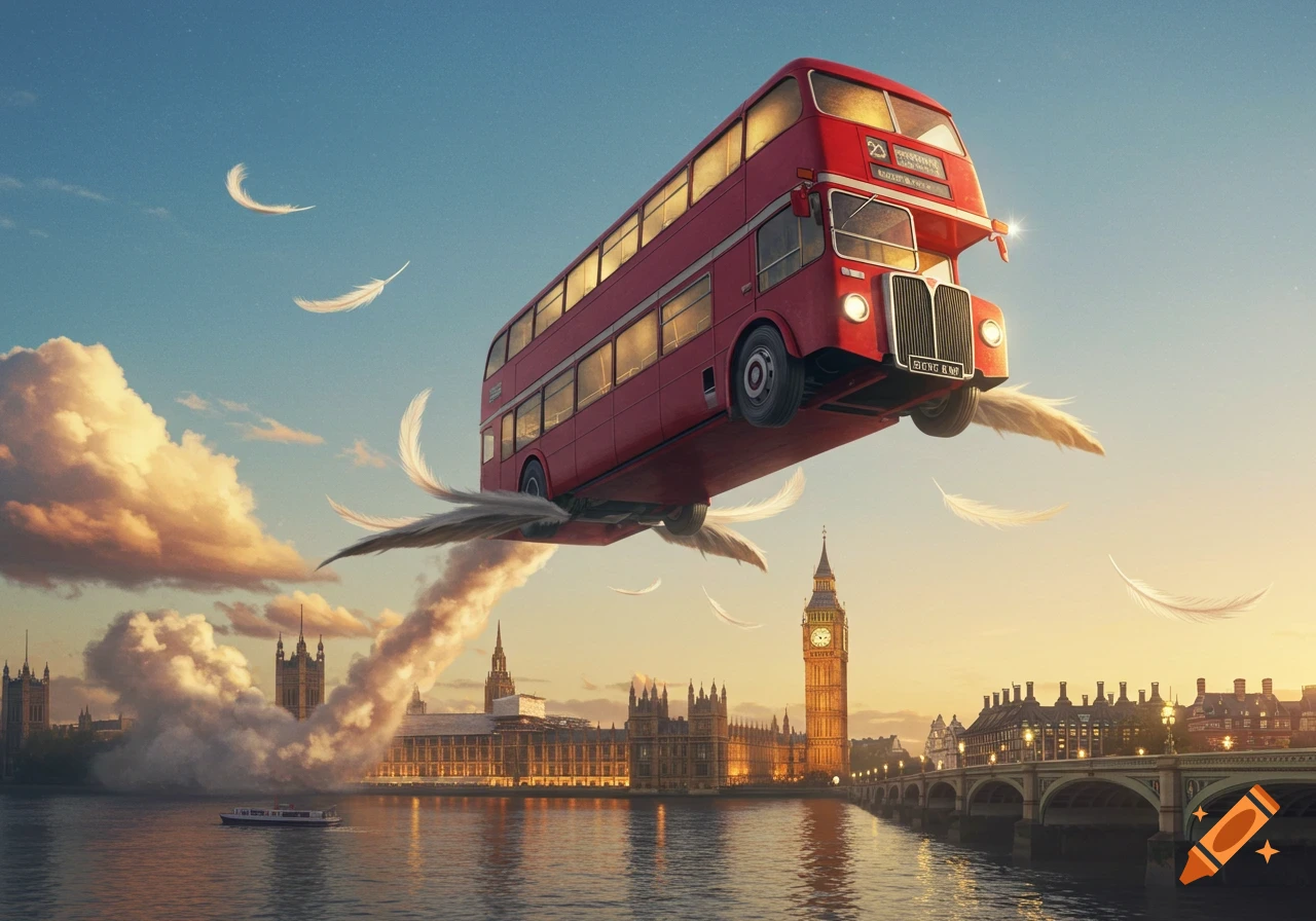 Painterly cityscape of London with Big Ben, red double-decker buses ...