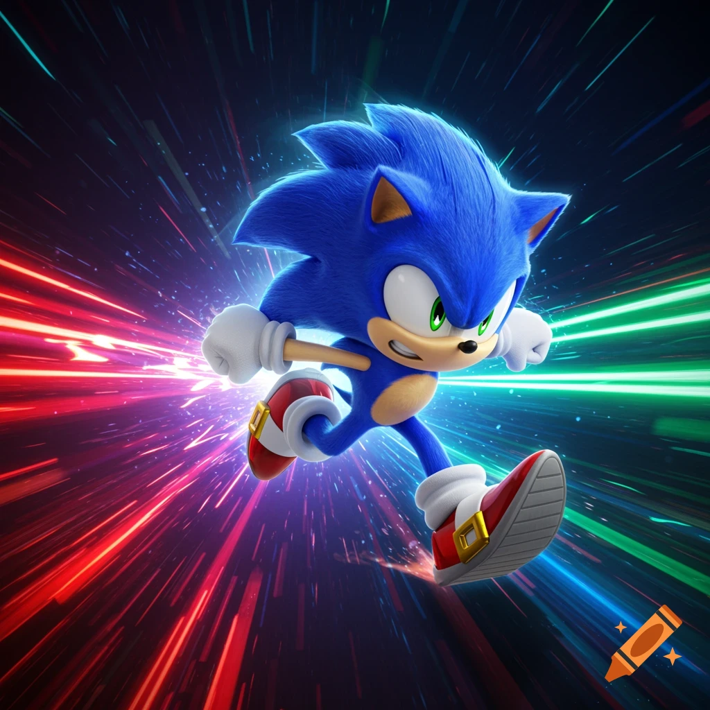 A stylized illustration of Sonic the Hedgehog running through a wet ...