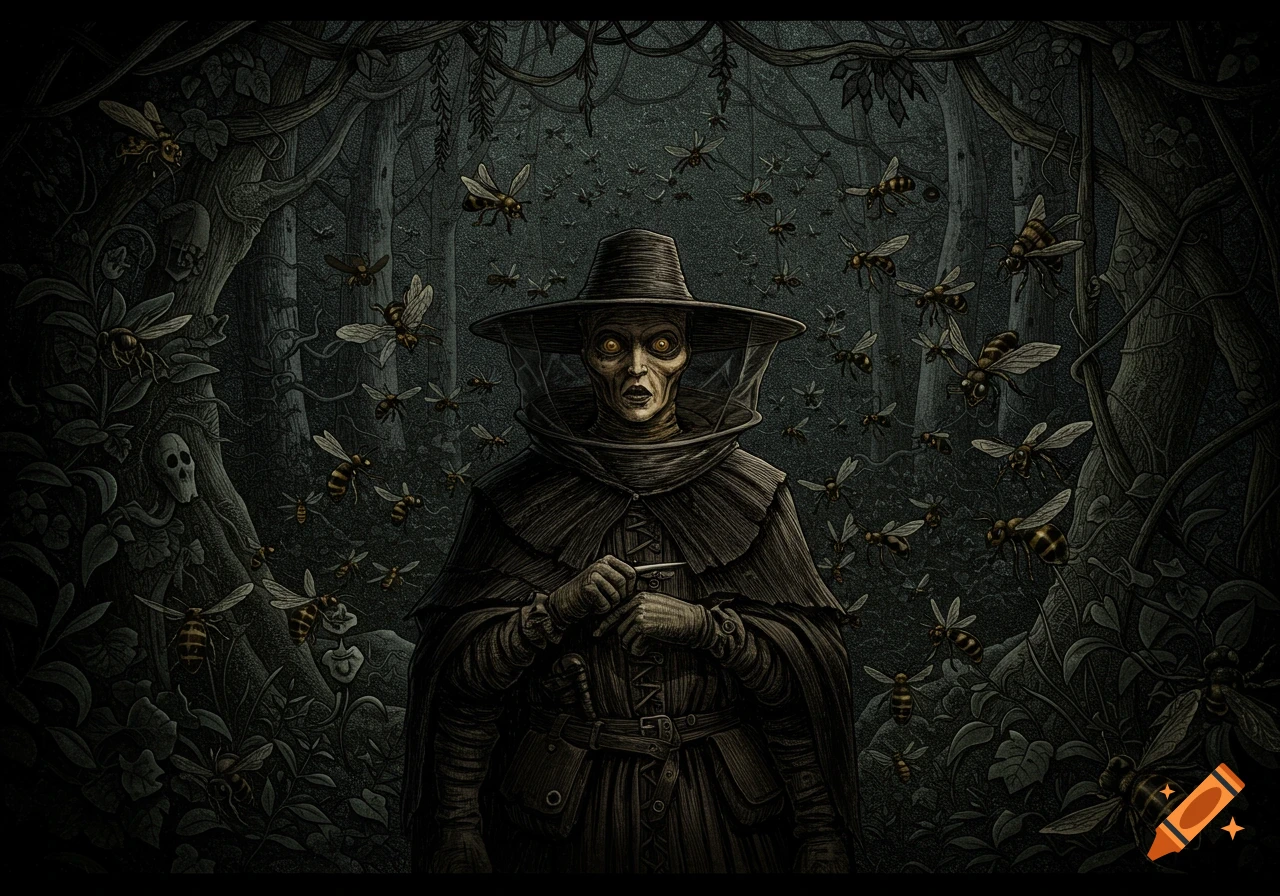 A skeletal figure with a spiky skull crown and tattered, seaweed ...