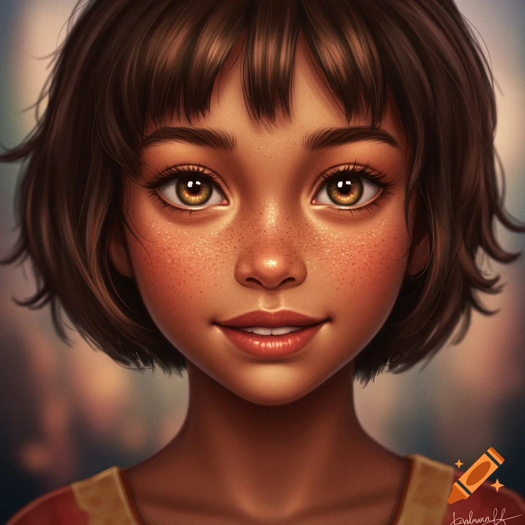 Close-up digital art portrait of a young girl with brown hair, freckles, and hazel eyes. on Craiyon